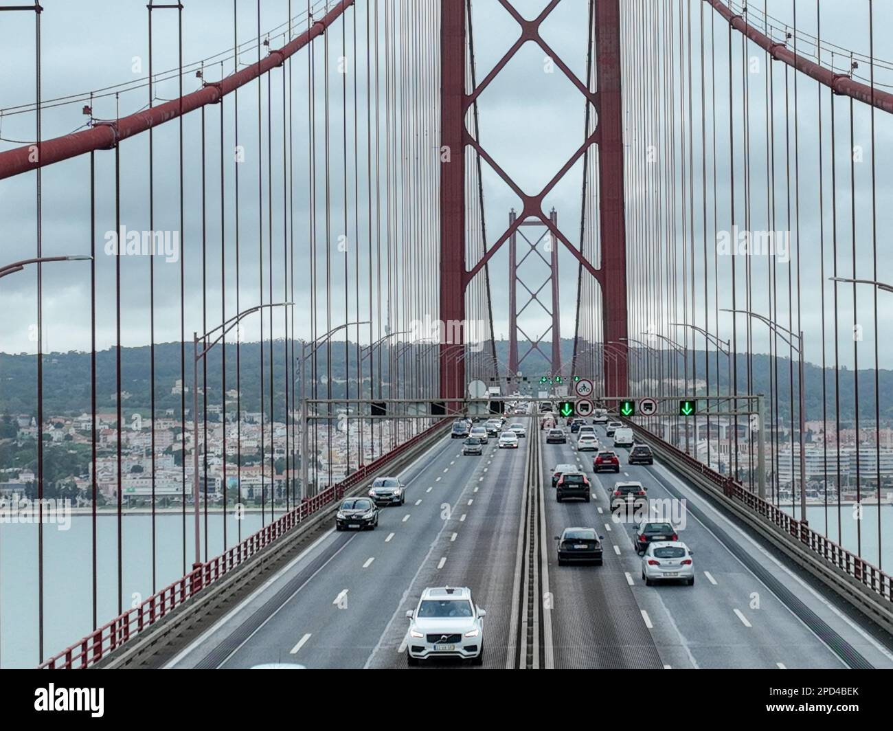 Traffic on The 25 April bridge (Ponte 25 de Abril) located in Lisbon ...
