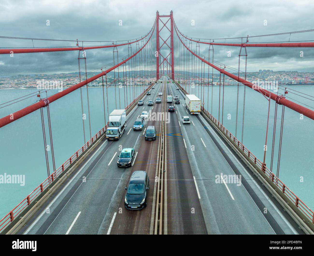 Traffic on The 25 April bridge (Ponte 25 de Abril) located in Lisbon ...