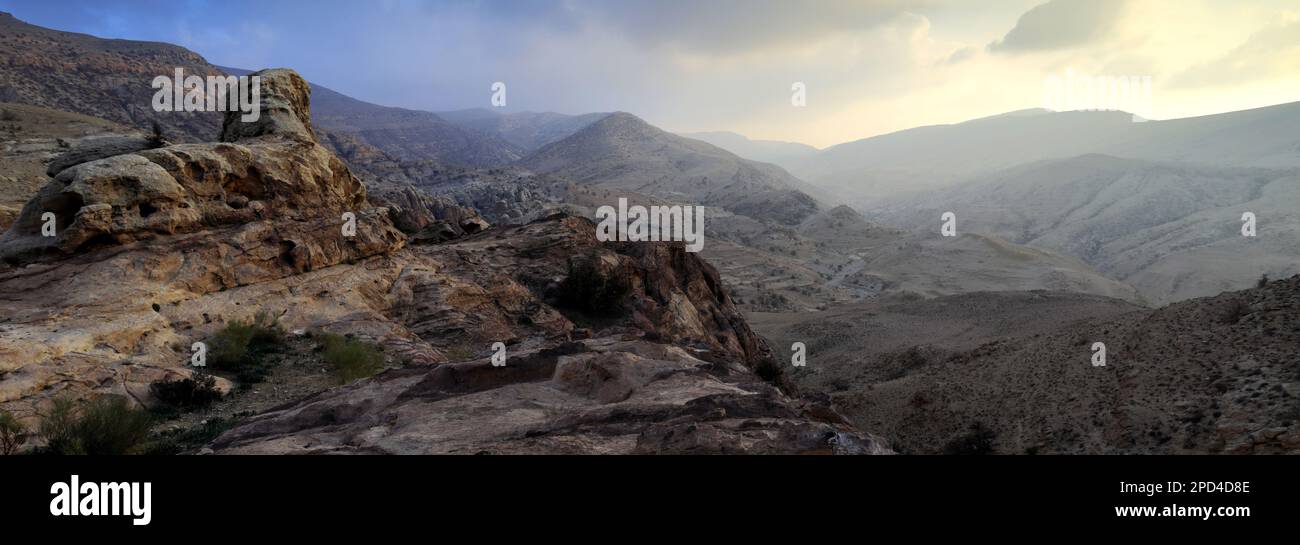Sunset over the sandstone landscape of Reis al Fied, Wadi Feid, Jordan ...