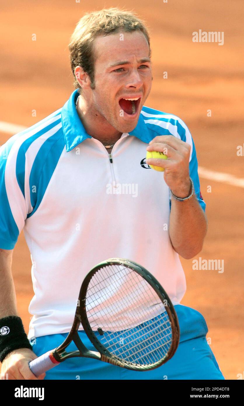 Olivier Rochus from Belgium celebrates after winning the semifinal ...