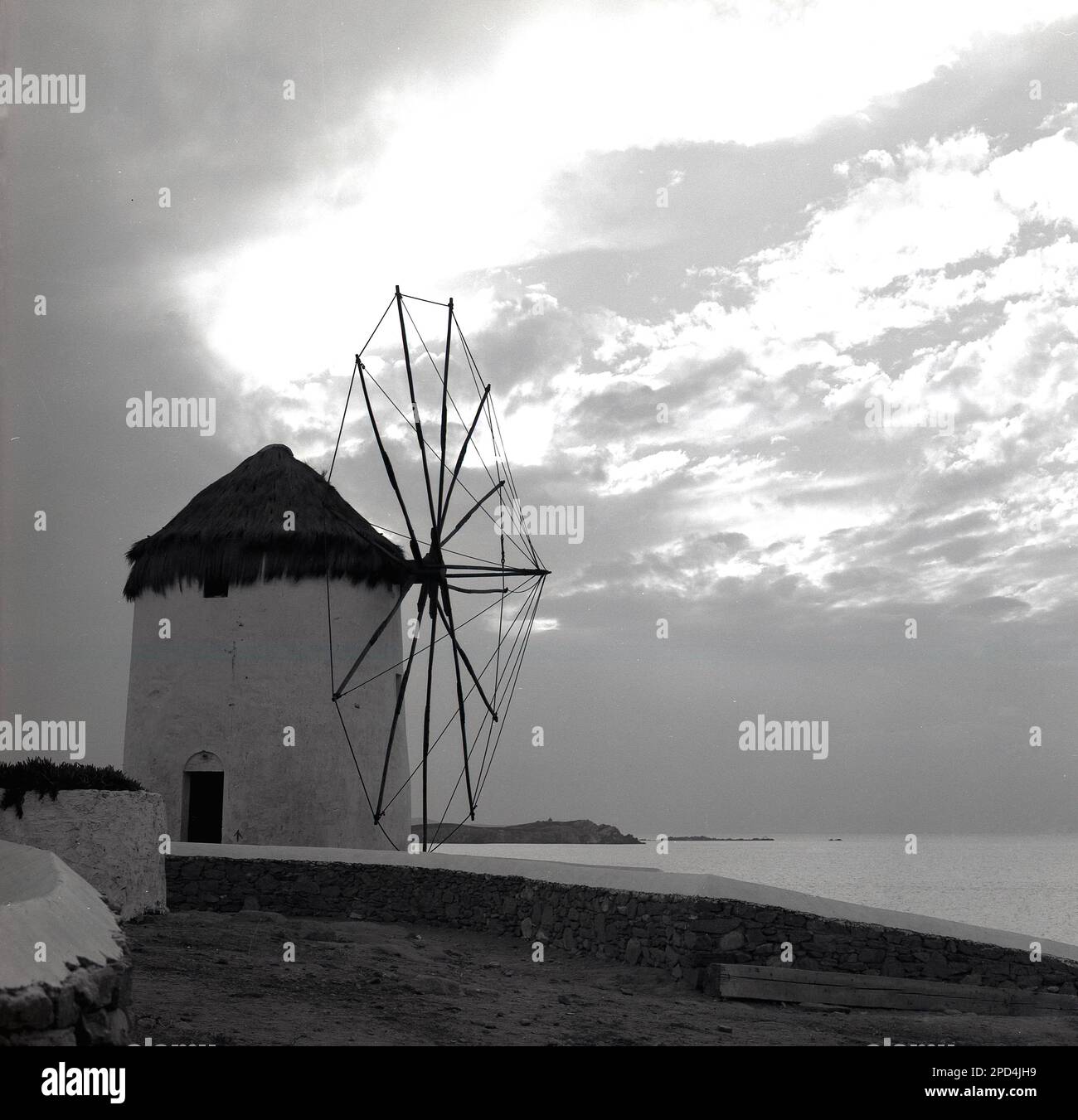 1969, historical, Greece, windmill, thatched roof Stock Photo - Alamy