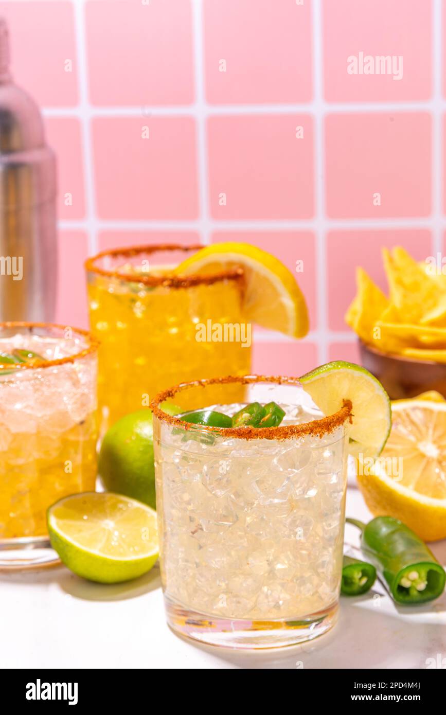 Set of tequila margarita mexican cocktails, with jalapeno pepper, lime ...