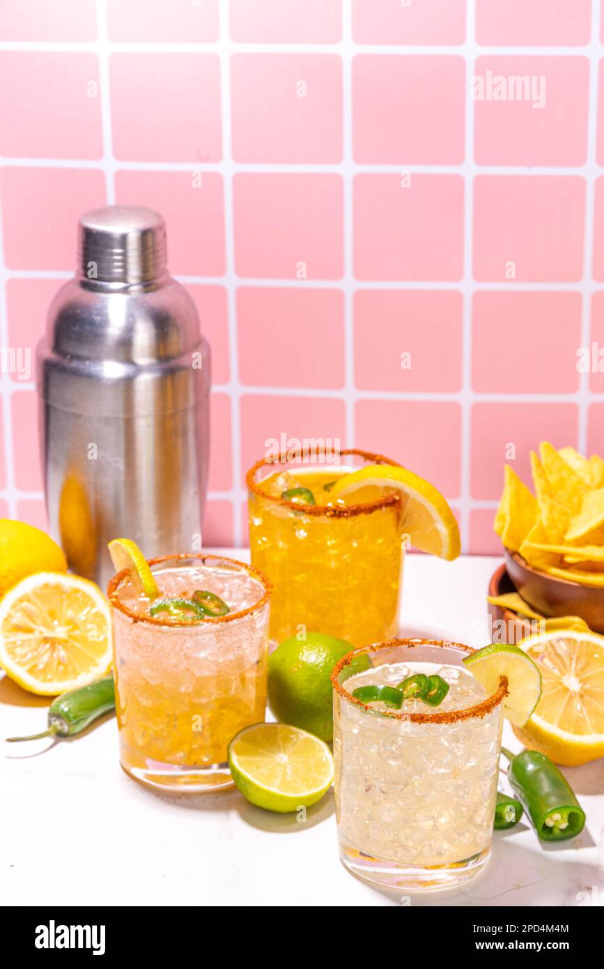Set of tequila margarita mexican cocktails, with jalapeno pepper, lime ...