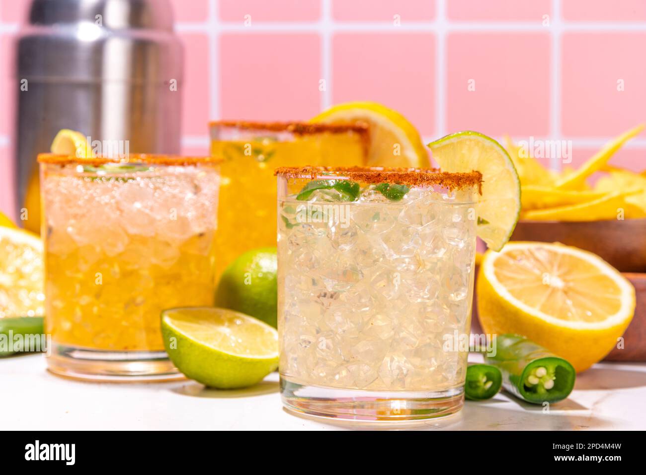 Set of tequila margarita mexican cocktails, with jalapeno pepper, lime ...