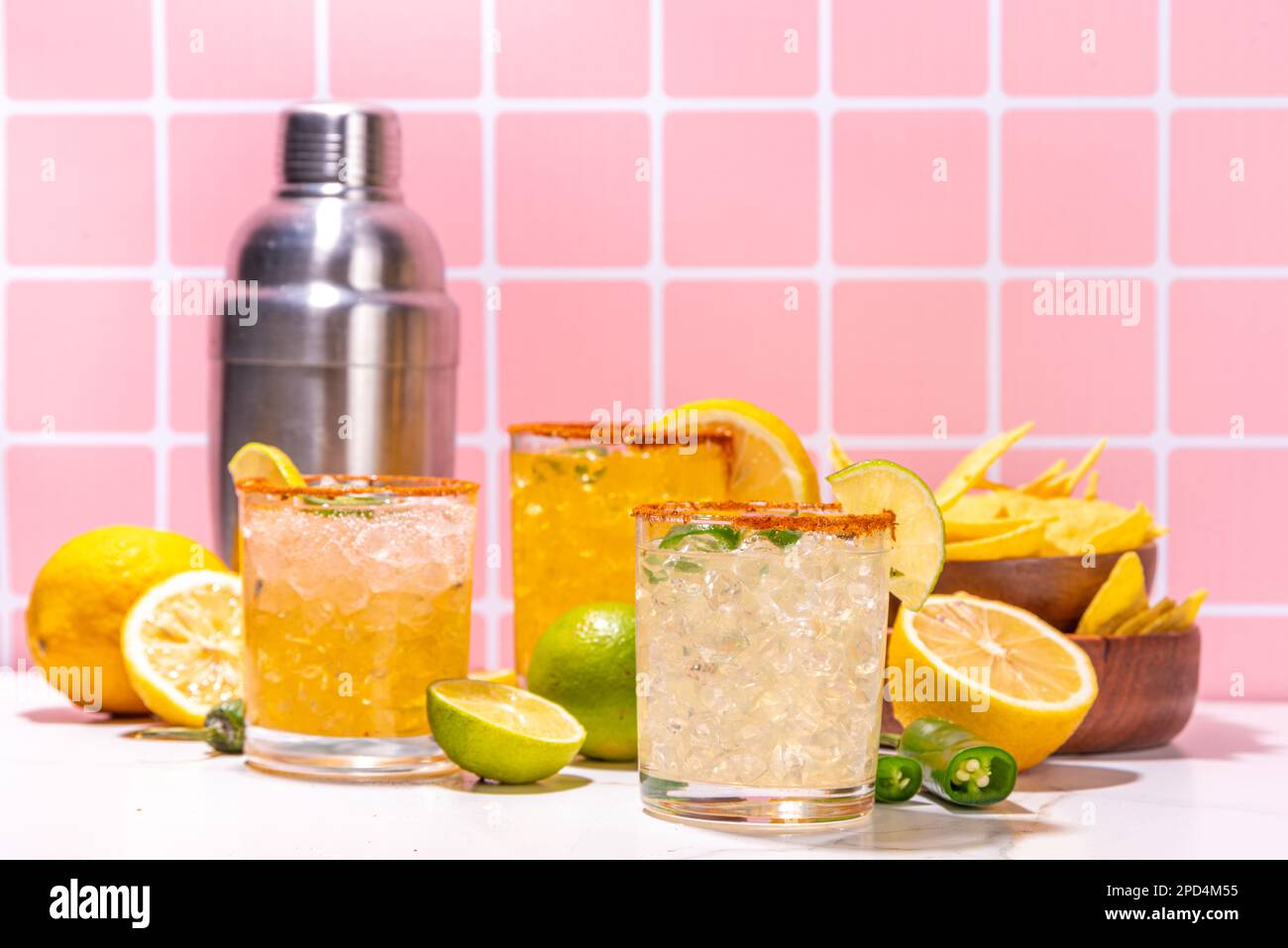 Set of tequila margarita mexican cocktails, with jalapeno pepper, lime ...