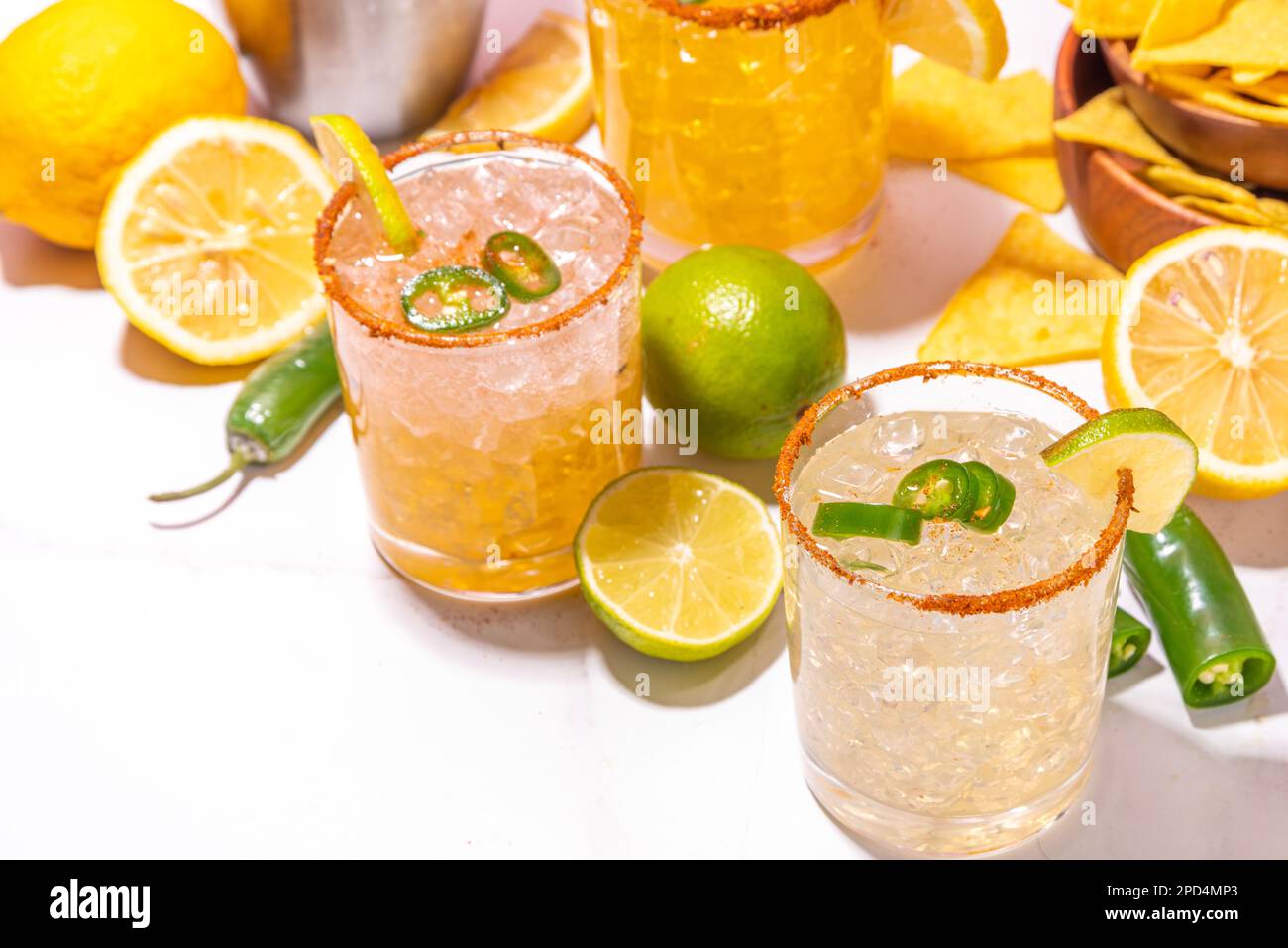 Set of tequila margarita mexican cocktails, with jalapeno pepper, lime ...