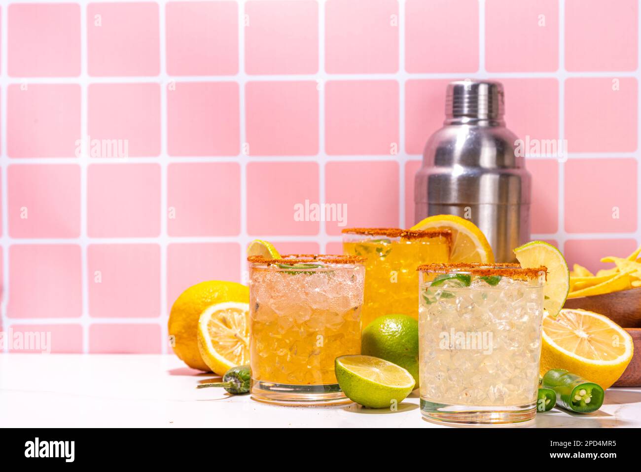 Set of tequila margarita mexican cocktails, with jalapeno pepper, lime ...