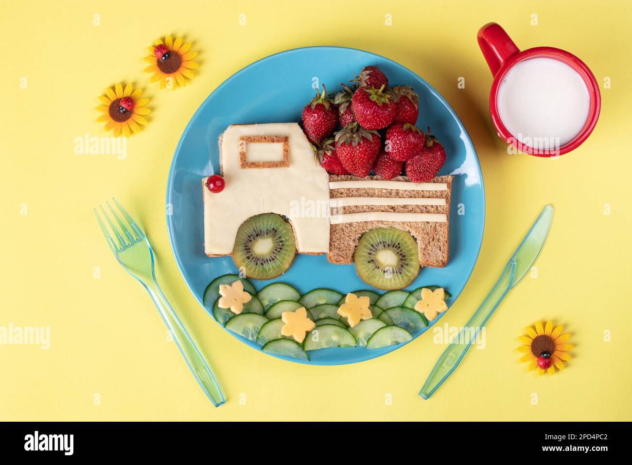 Healthy toast for kids in shape of car with strawberry, kiwi and cheese ...