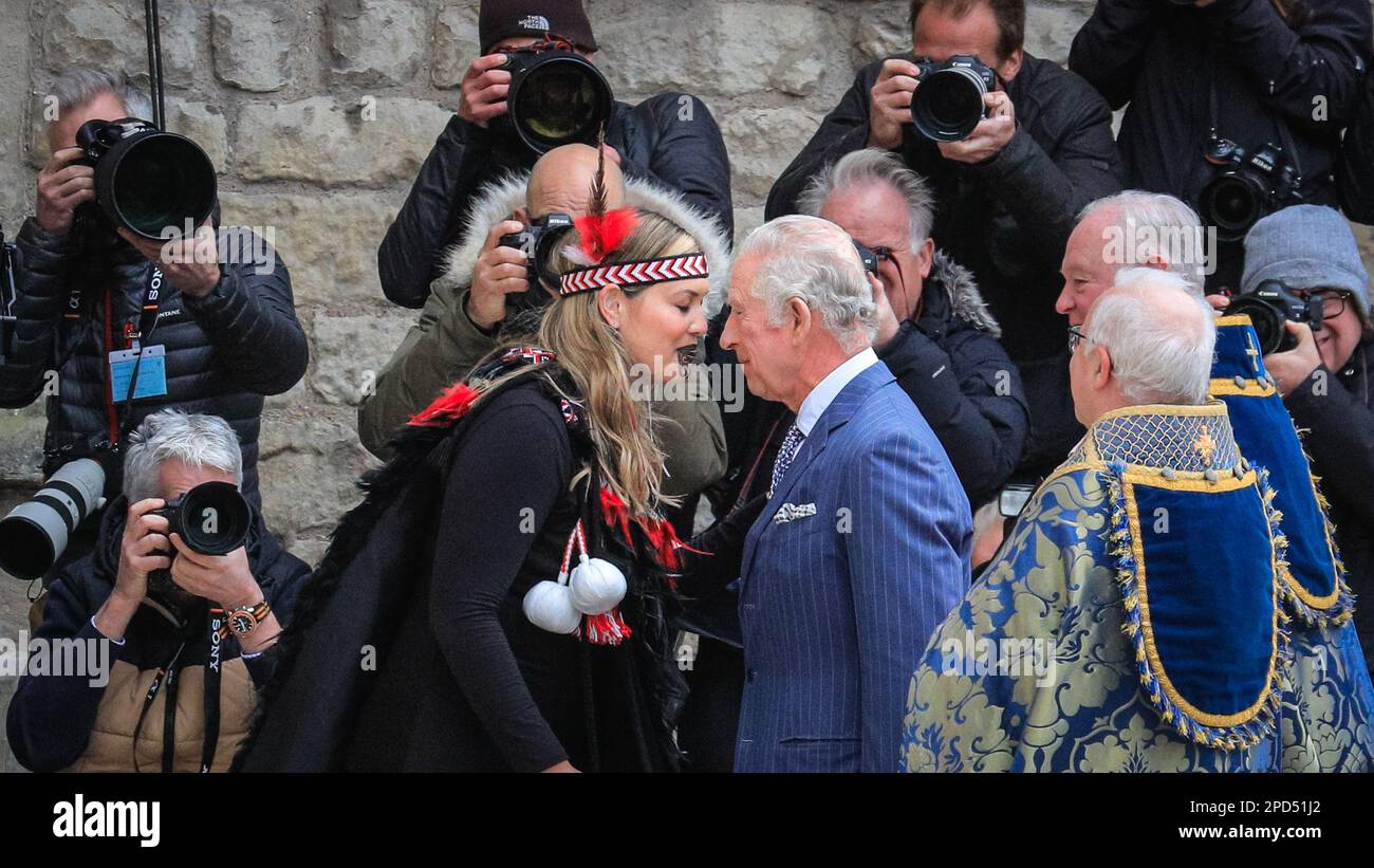 London, UK. 13th Mar, 2023. The King is greeted by Reanne Pomtana ...