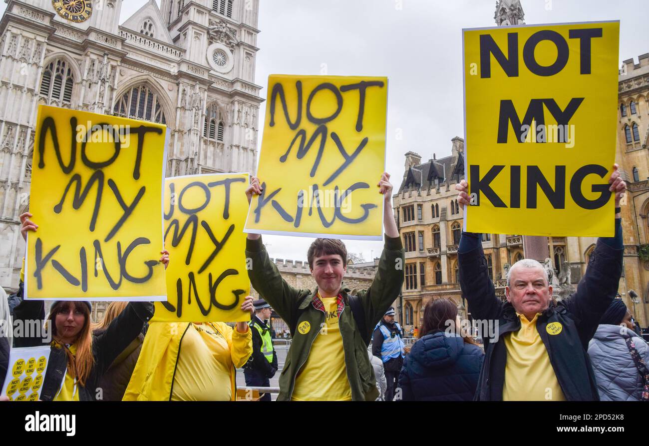 London, UK. 13th March 2023. Anti-monarchy protesters gathered with Not ...