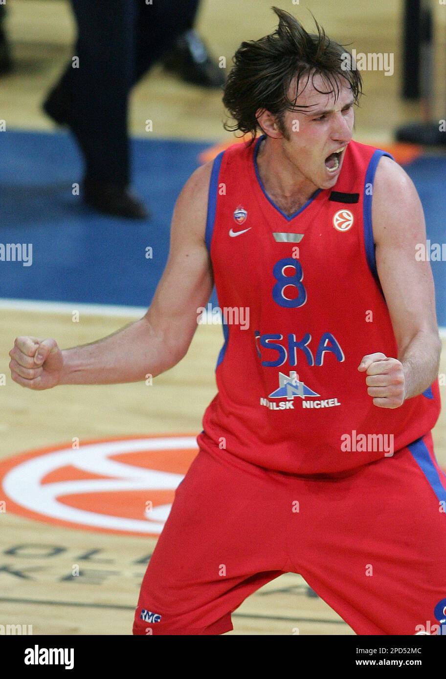 Matjaz Smodis of Russian team CSKA Moscow celebrates after scoring with ...