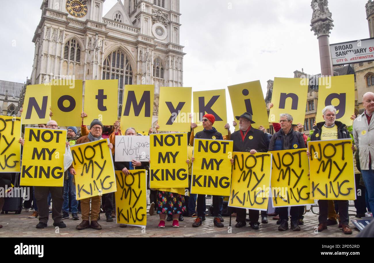 London, UK. 13th March 2023. Anti-monarchy protesters gathered with Not ...