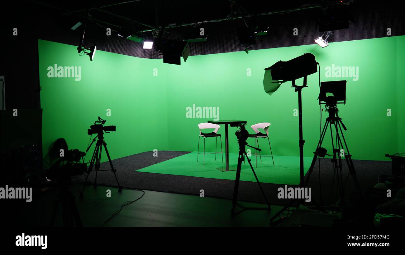 Modern TV Chroma Key Studio interior with Green Screen, Light, camera ...