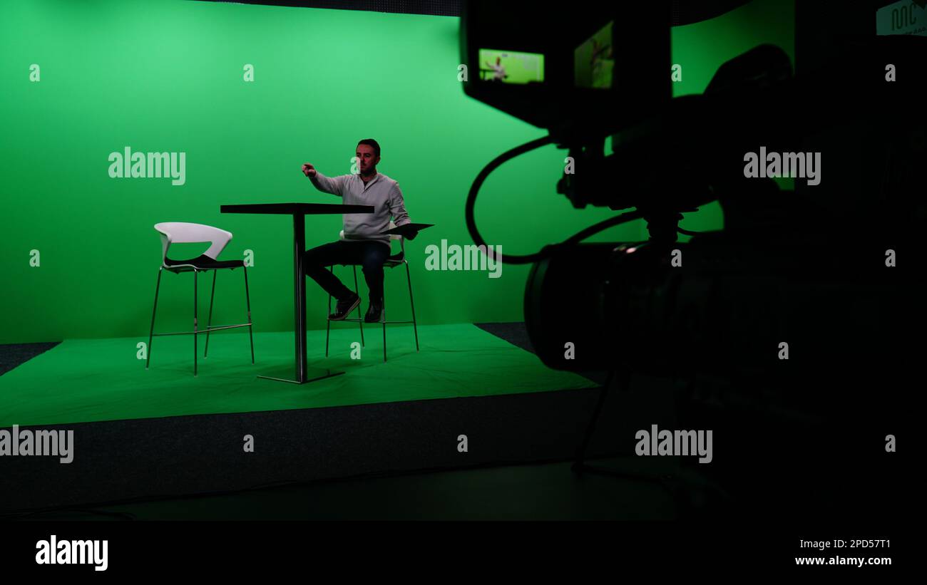 Modern TV Chroma Key Studio interior with Green Screen, Light, camera ...