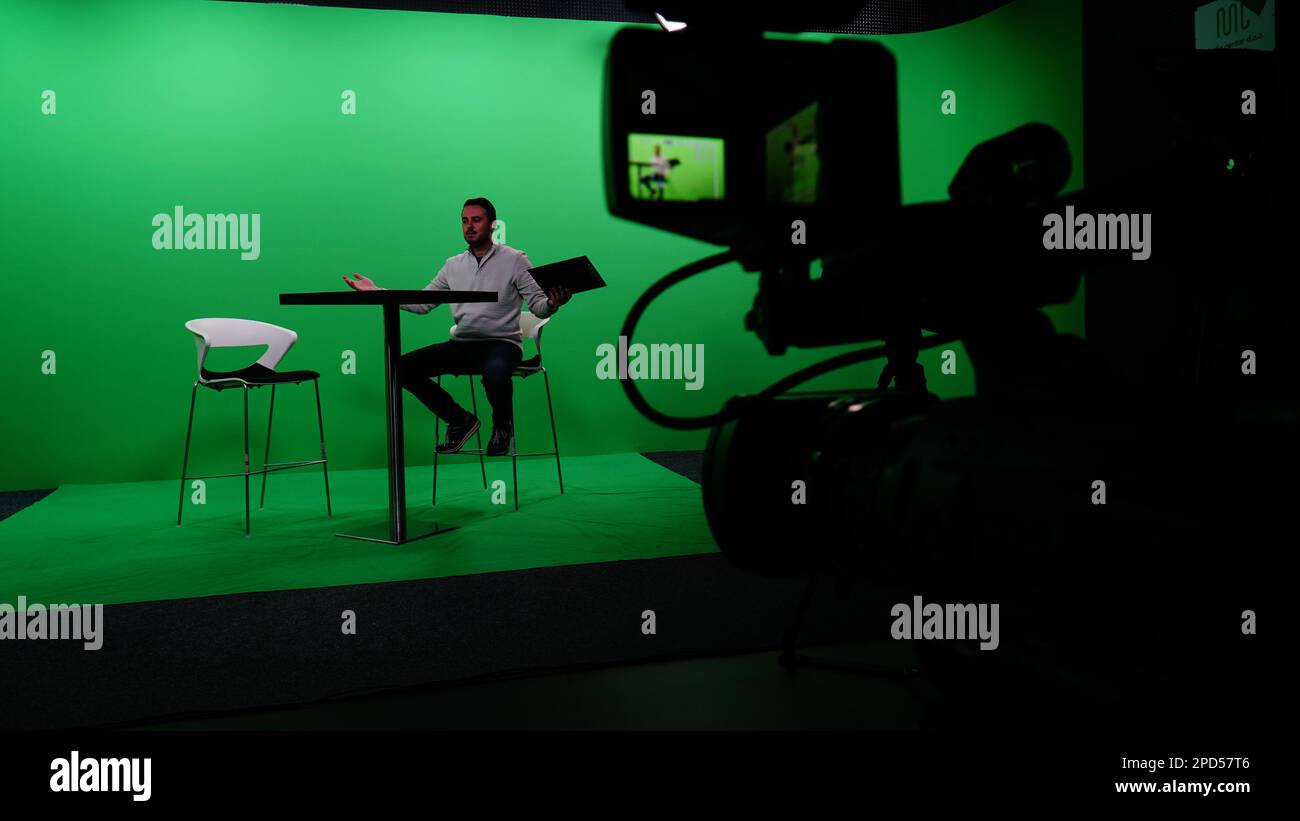 Modern TV Chroma Key Studio interior with Green Screen, Light, camera ...