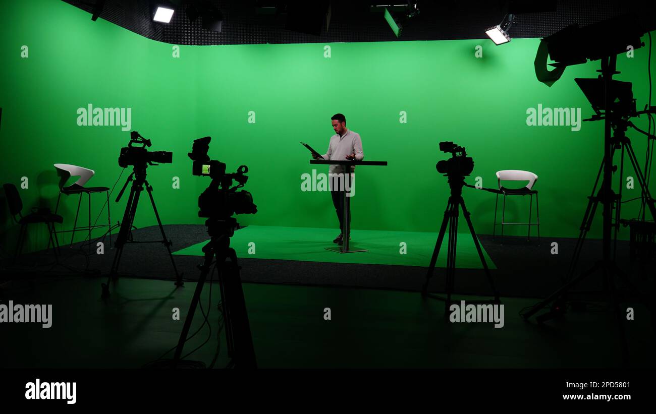 Modern TV Chroma Key Studio interior with Green Screen, Light, camera ...