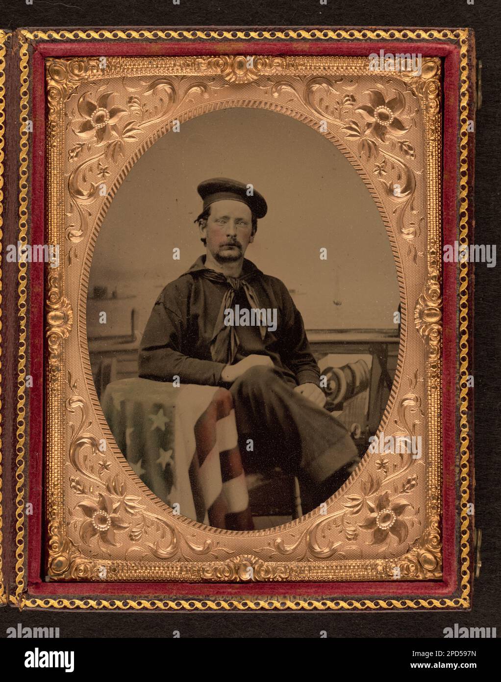 Unidentified sailor in Union uniform with American flag in front of ...