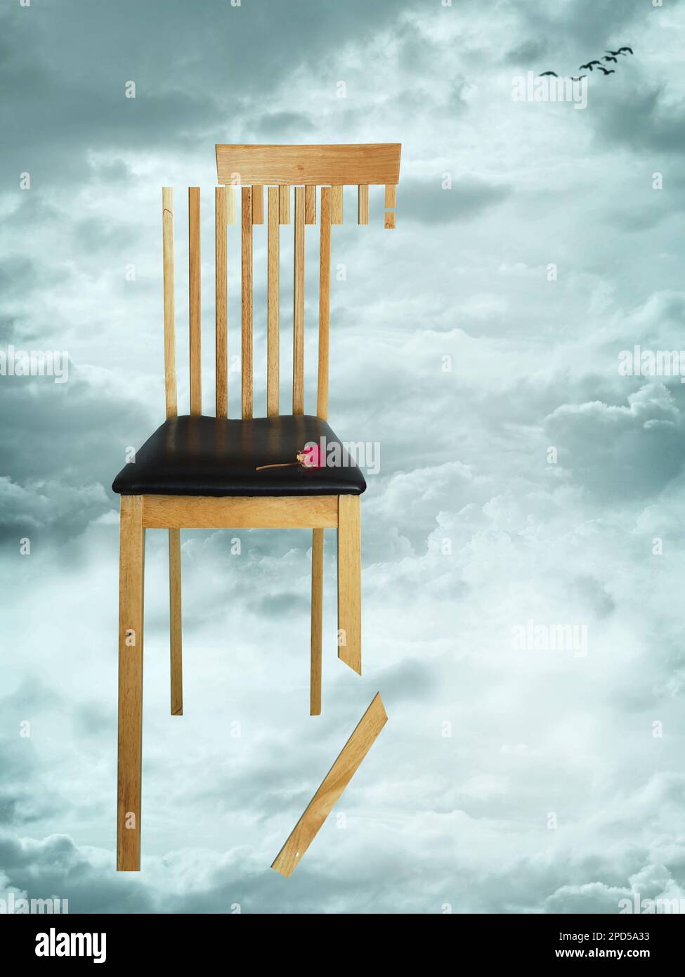 Broken chair concept, with flower and birds. Composite. Illness, death ...