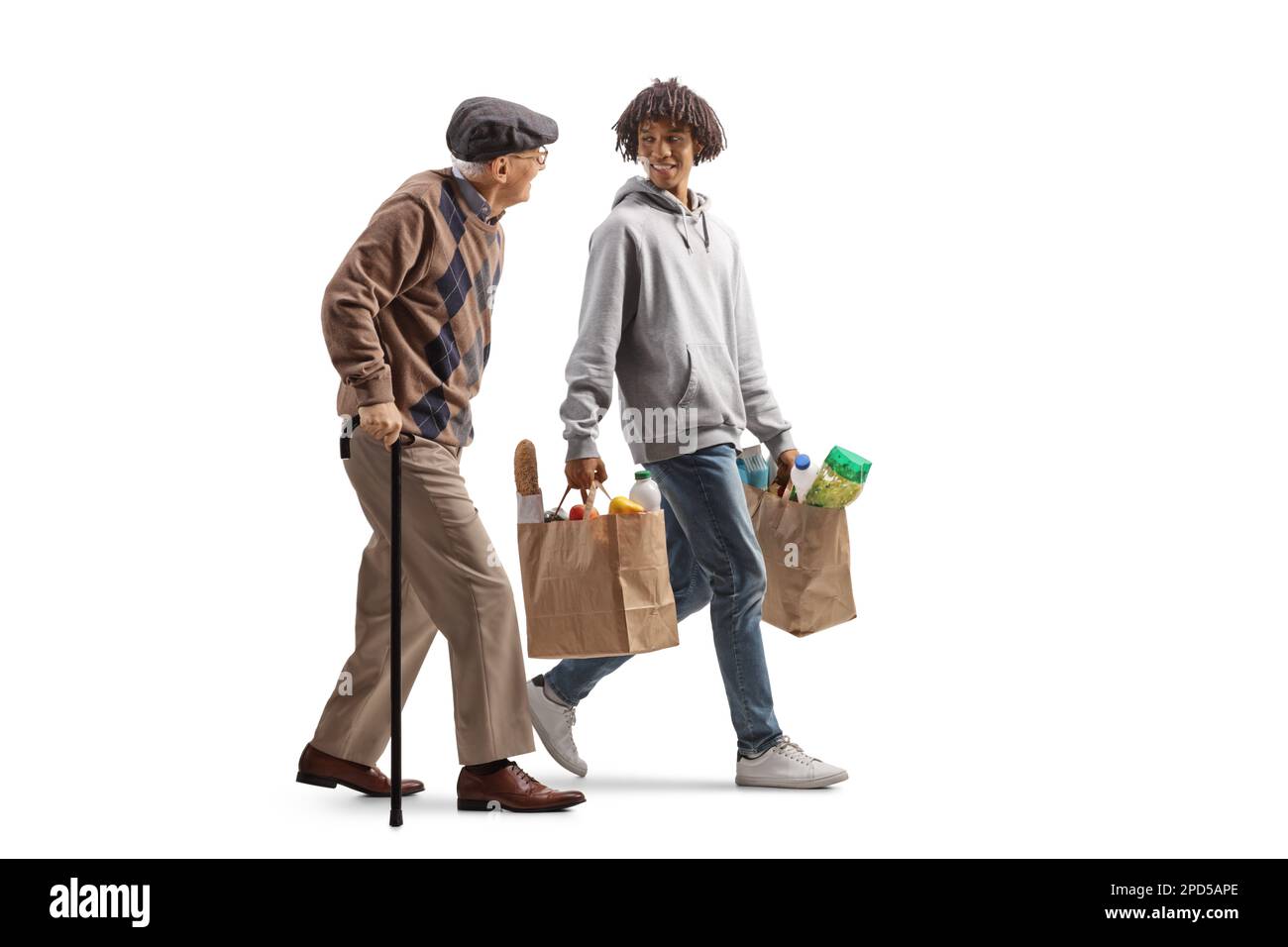 Full length profile shot of an elderly man walking with a cane and ...