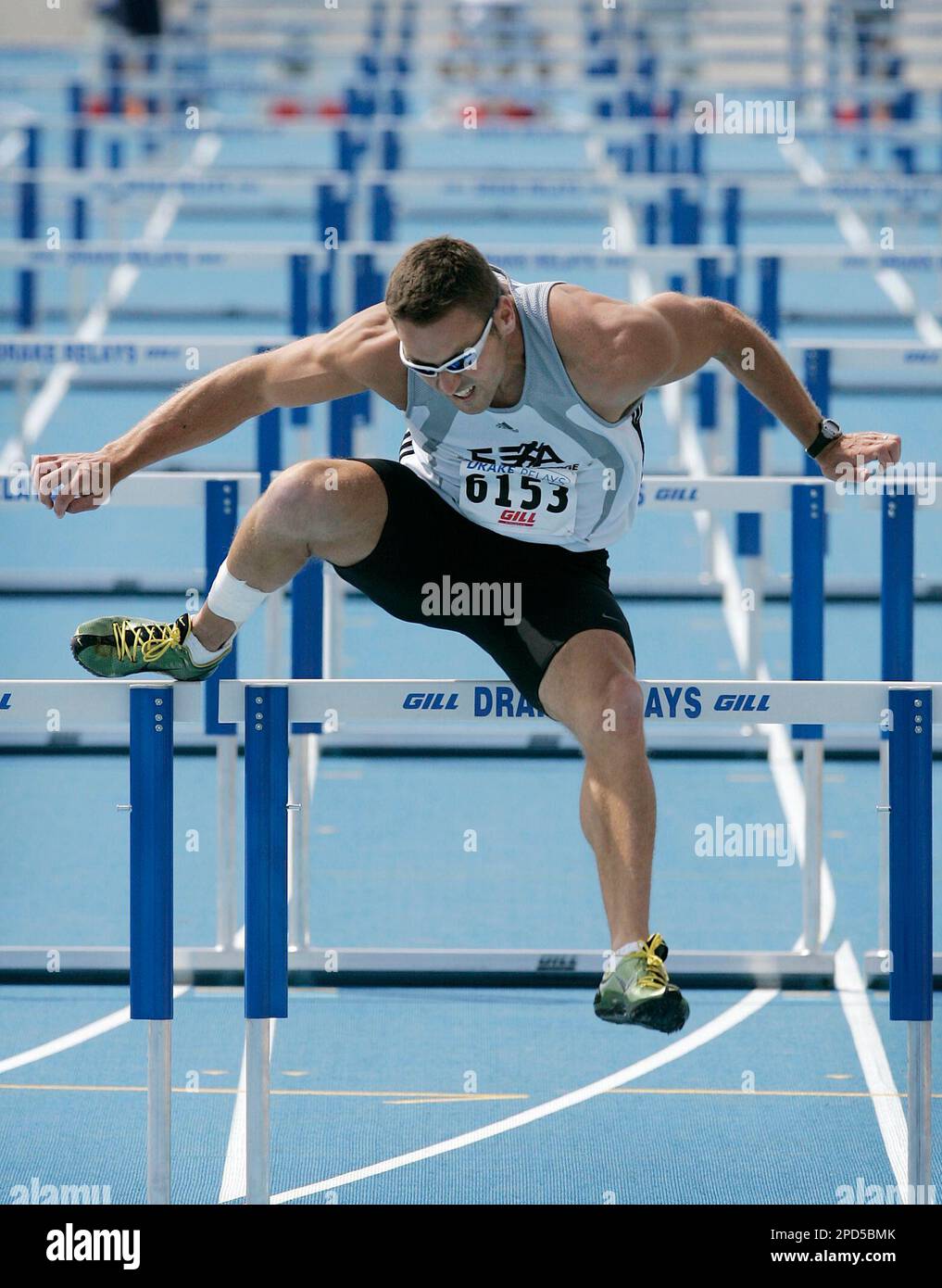 Travis Geopfert, competing unattached, looks to clear the final hurdle ...