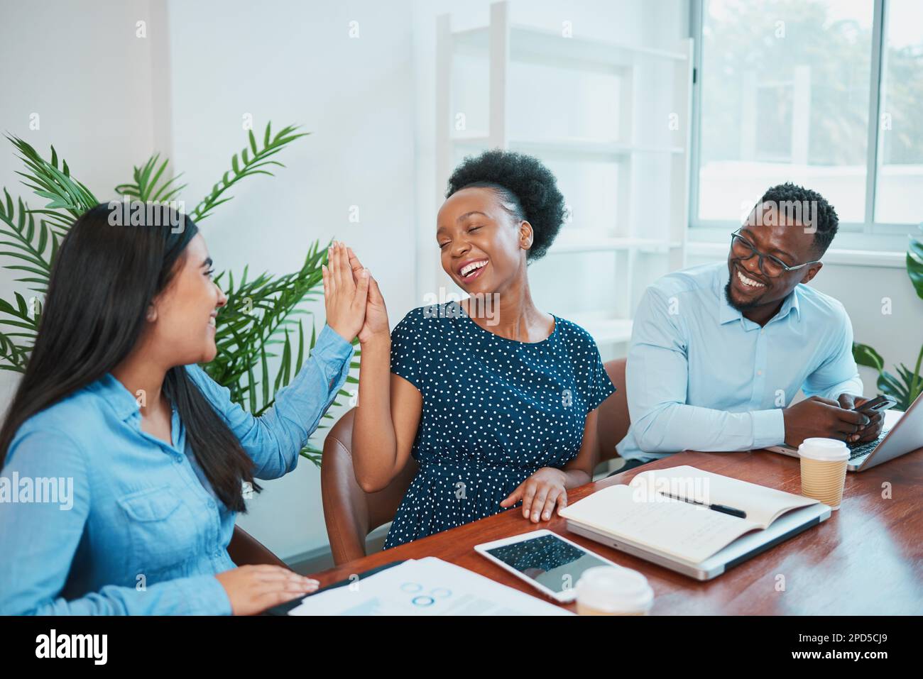 Two business women high five during meeting in boardroom, celebrate ...