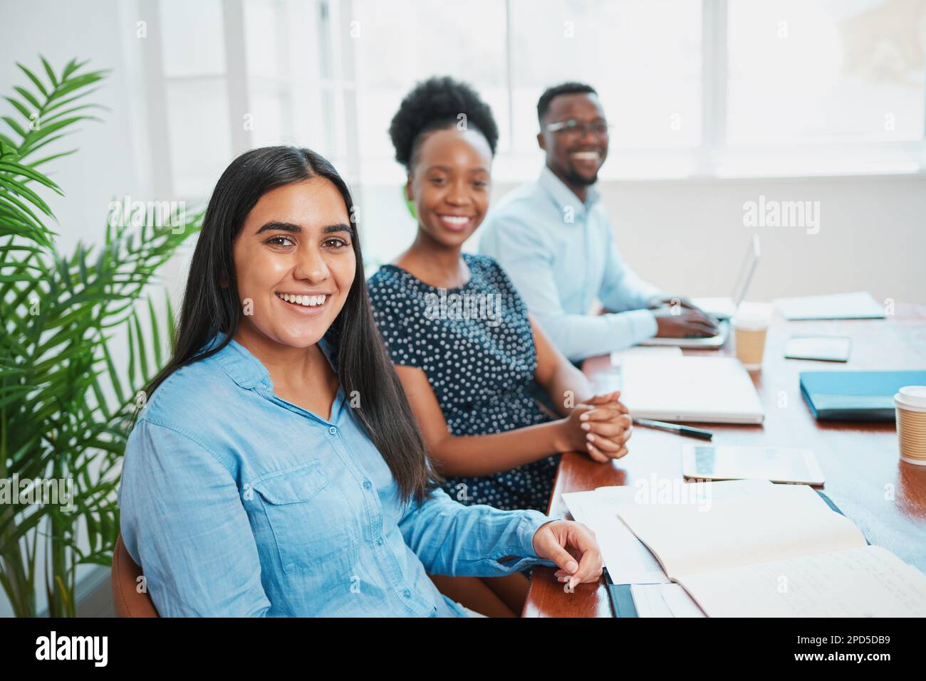 Portrait of diverse team sitting in a row at boardroom table, young ...