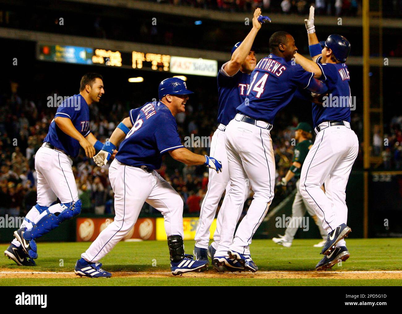 Texas Rangers' Rod Barajas, from left, Kevin Mench, Mark Teixeira, Gary ...