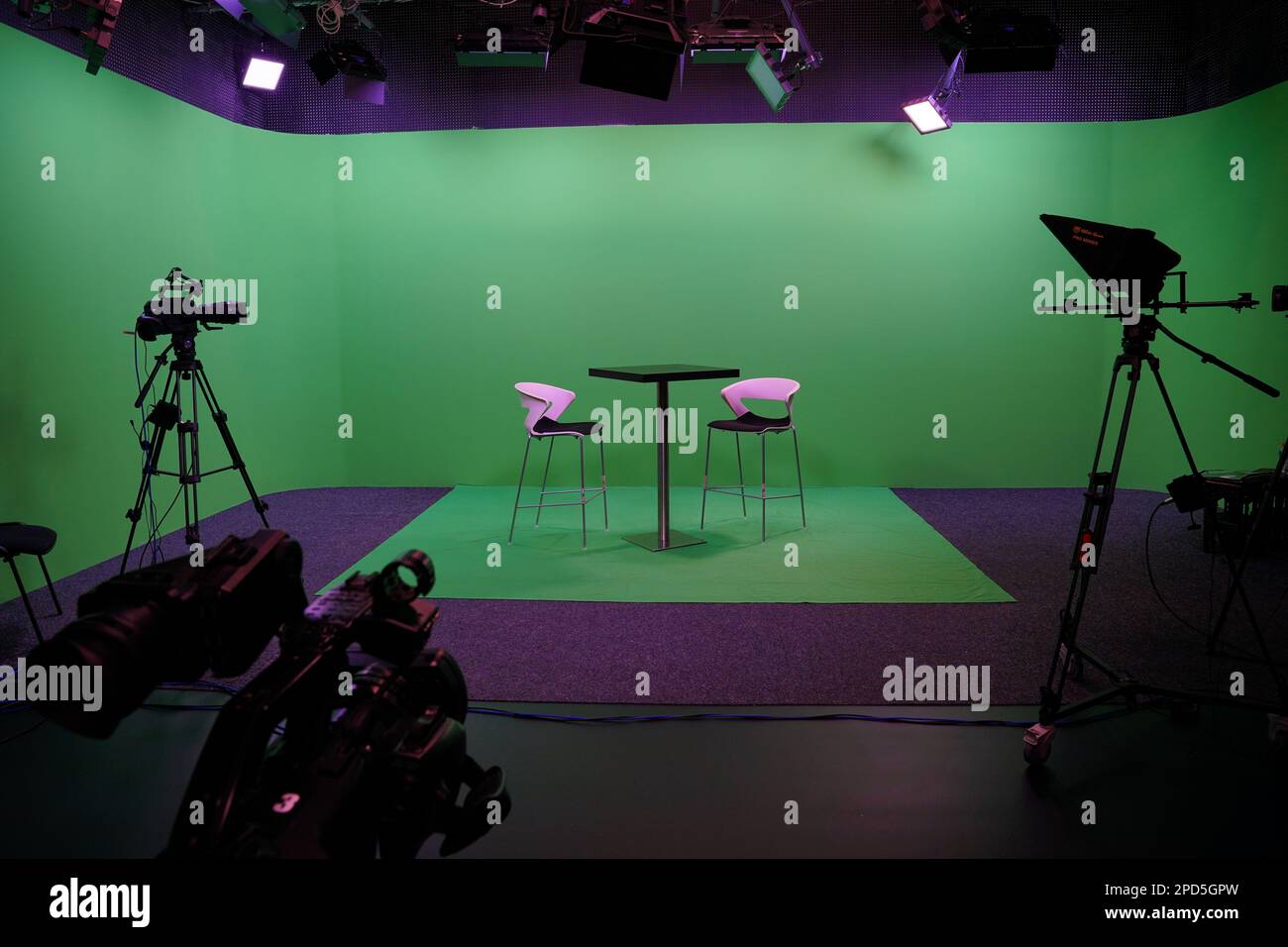 Modern TV Chroma Key Studio interior with Green Screen, Light, camera ...