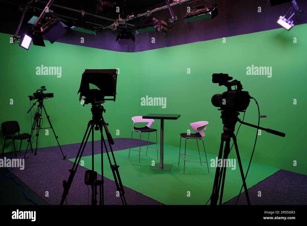 Modern TV Chroma Key Studio interior with Green Screen, Light, camera ...