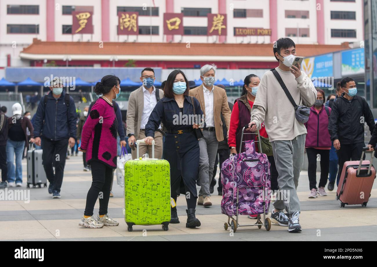 Travellers arrive at Lo Wu Control Point in Shenzhen. The border begin ...
