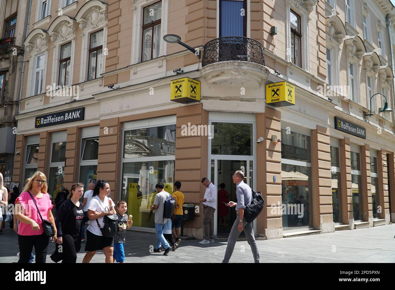 SARAJEVO, BOSNIA AND HERCEGOVINA , 16 AUGUST 2022: The Raiffeisen bank ...