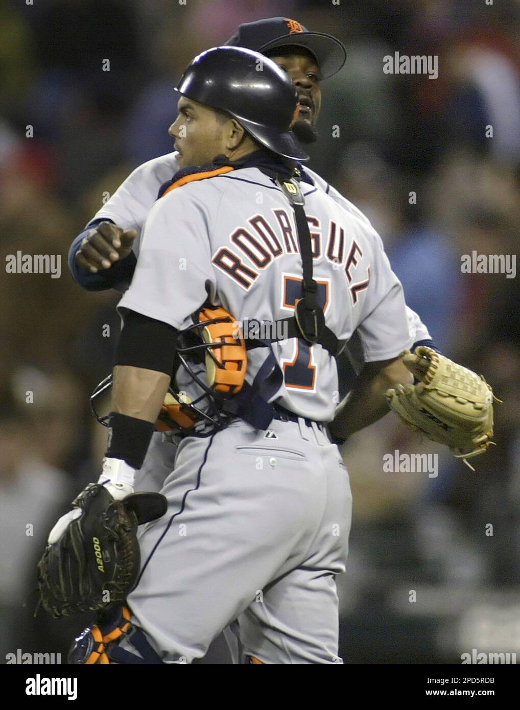 Detroit Tigers' catcher Ivan Rodriguez hugs Fernando Rodney after the ...