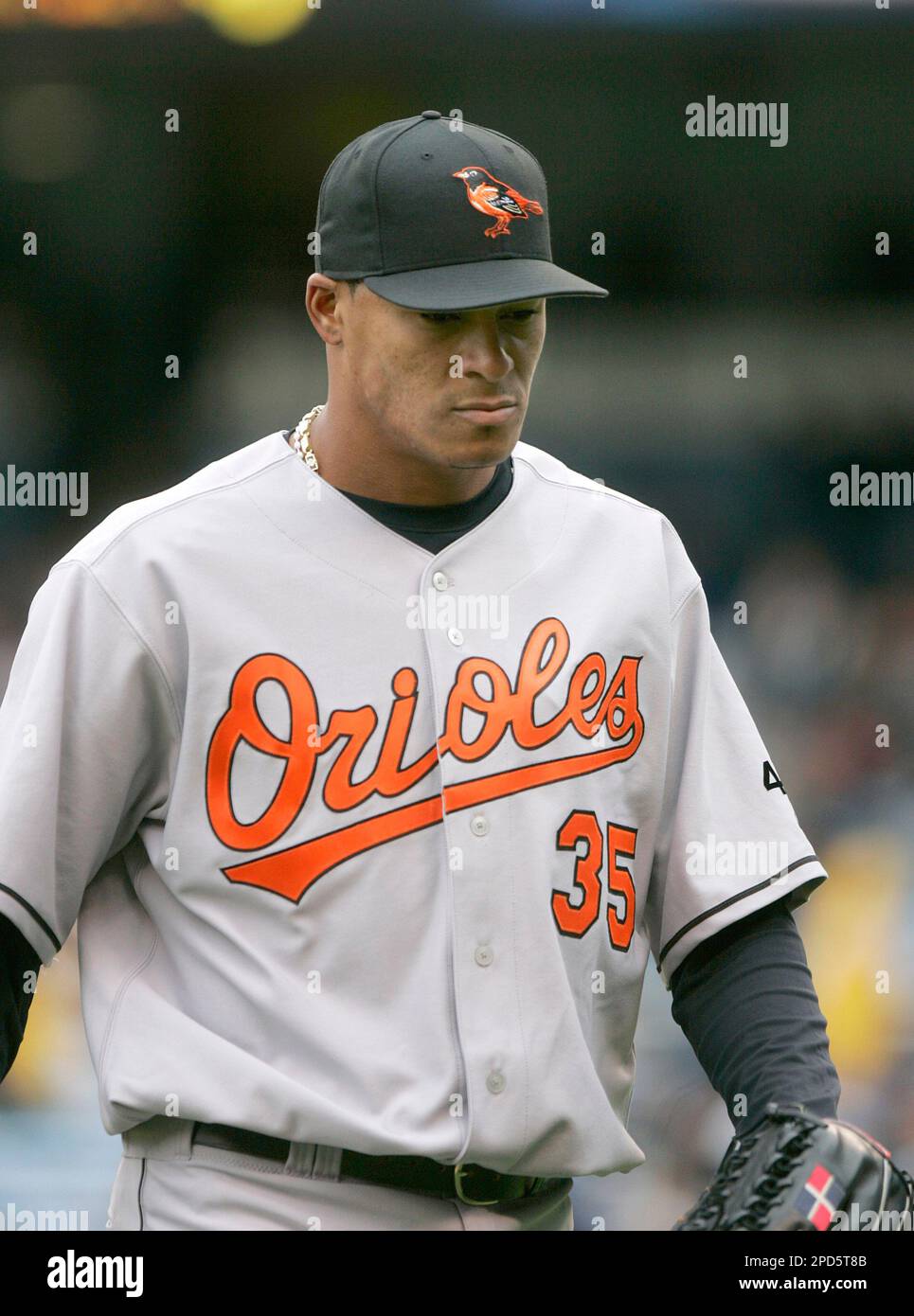 Baltimore Orioles pitcher Daniel Cabrera (35) leaves the field at the ...