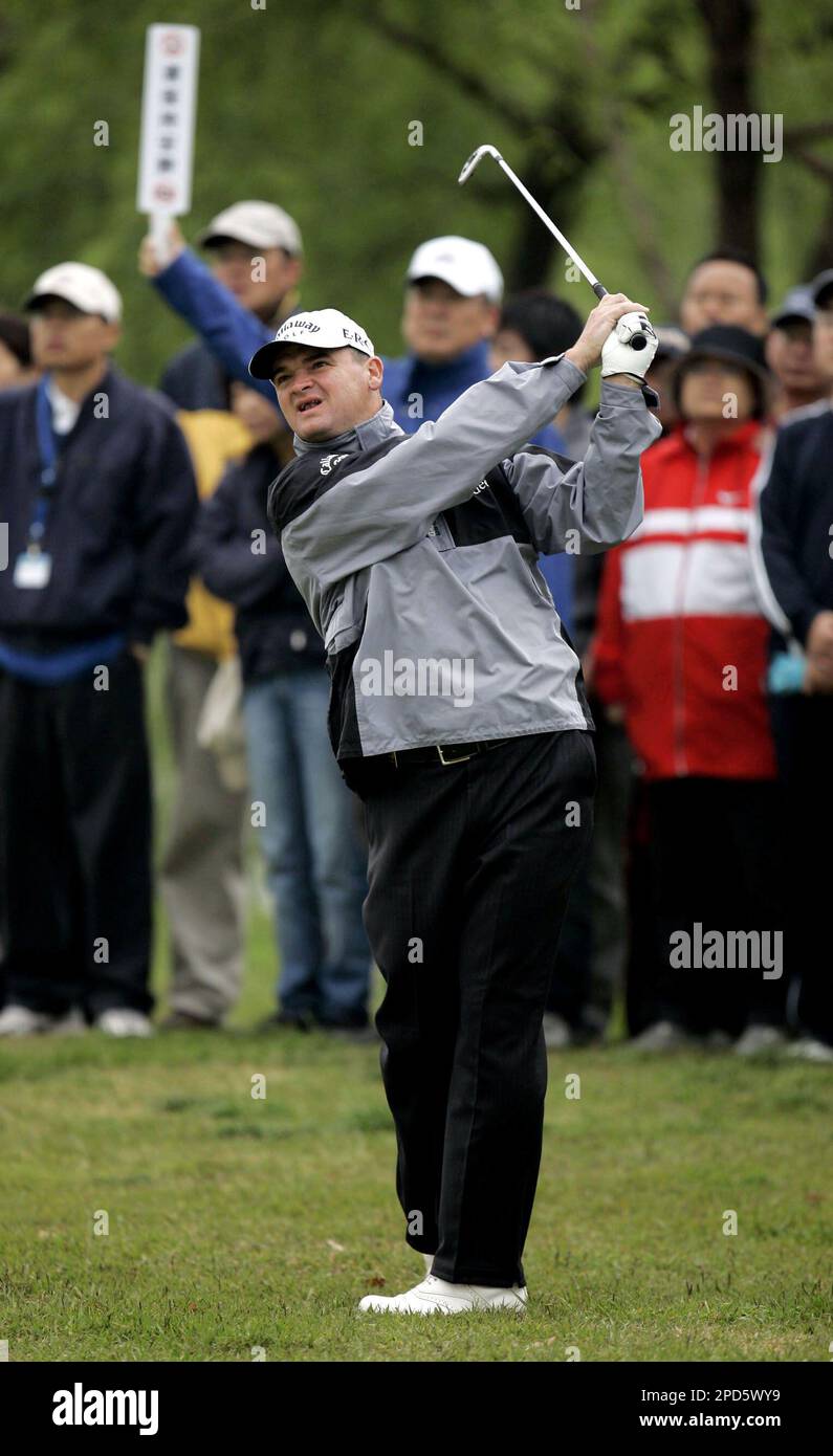 Scotland's Paul Lawrie watches his shot at 1st fairway during the third ...