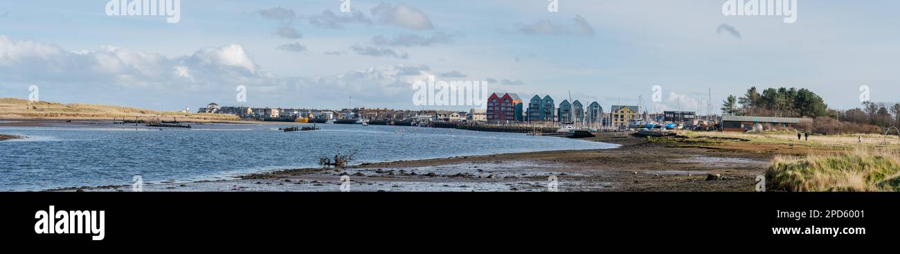 A panoramic view of the town of Amble, Northumberland, UK, showing the ...