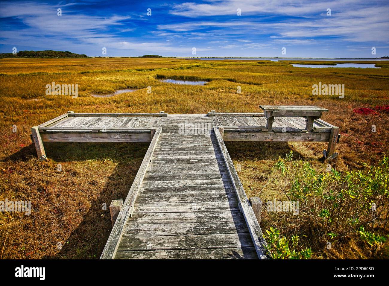 A wooden boardwalk and viewing platform overlooking a Martha's Vineyard ...