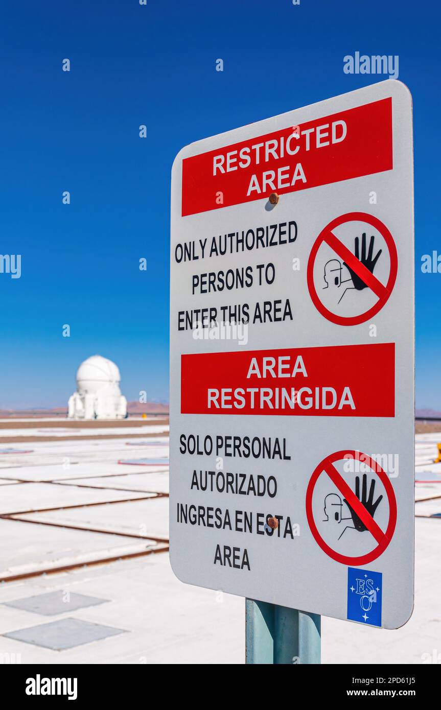 Sign at the Very Large Telescope or VLT facility in Paranal, Chile ...