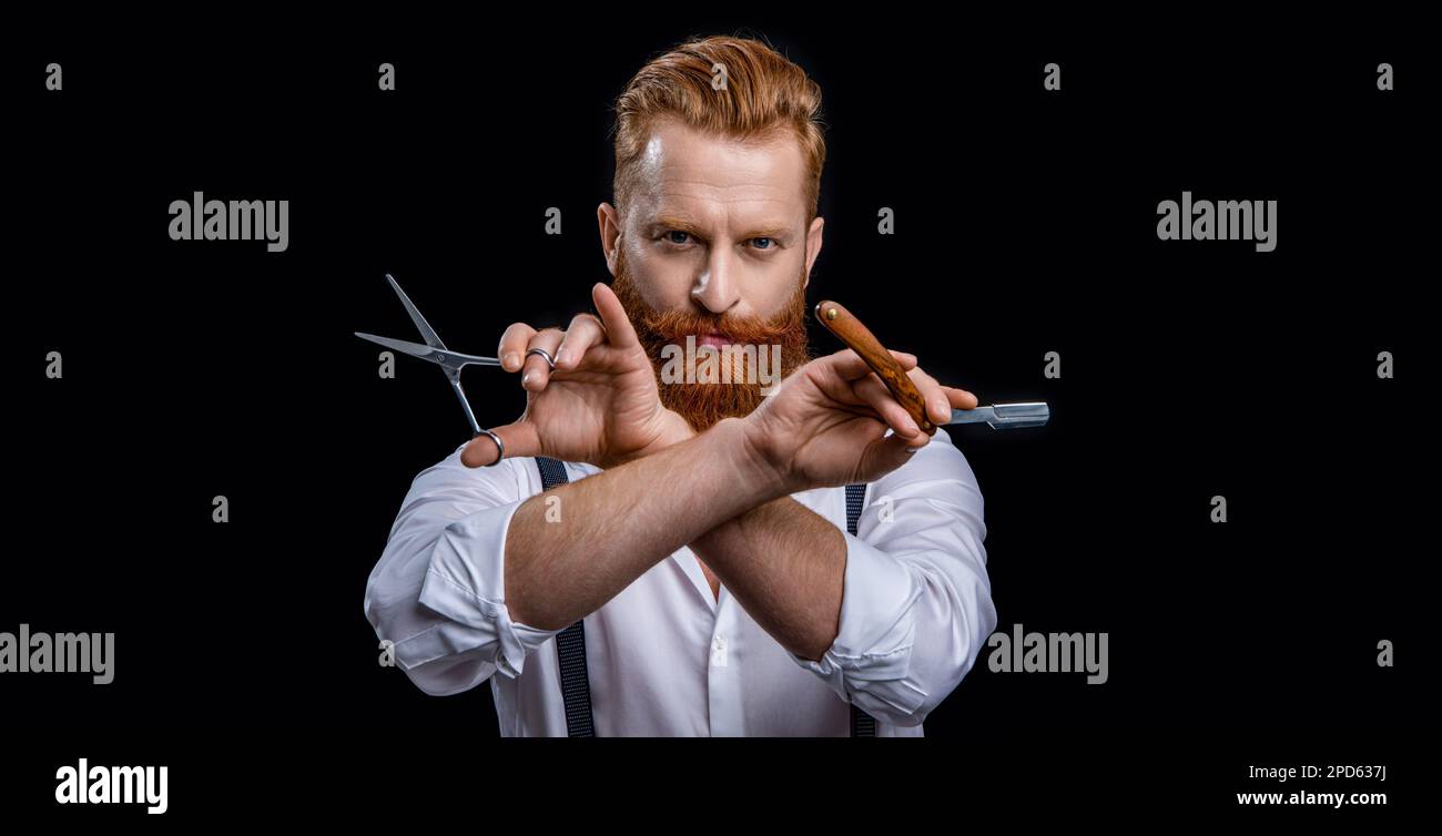 redhead barbershop man in studio. barbershop man with scissors and ...