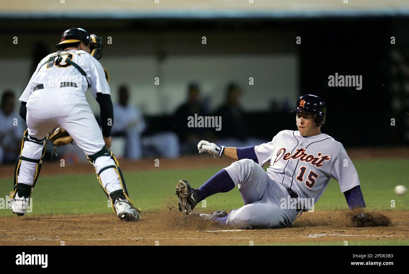 Detroit Tigers' Brandon Inge, right, scores as Oakland Athletics ...