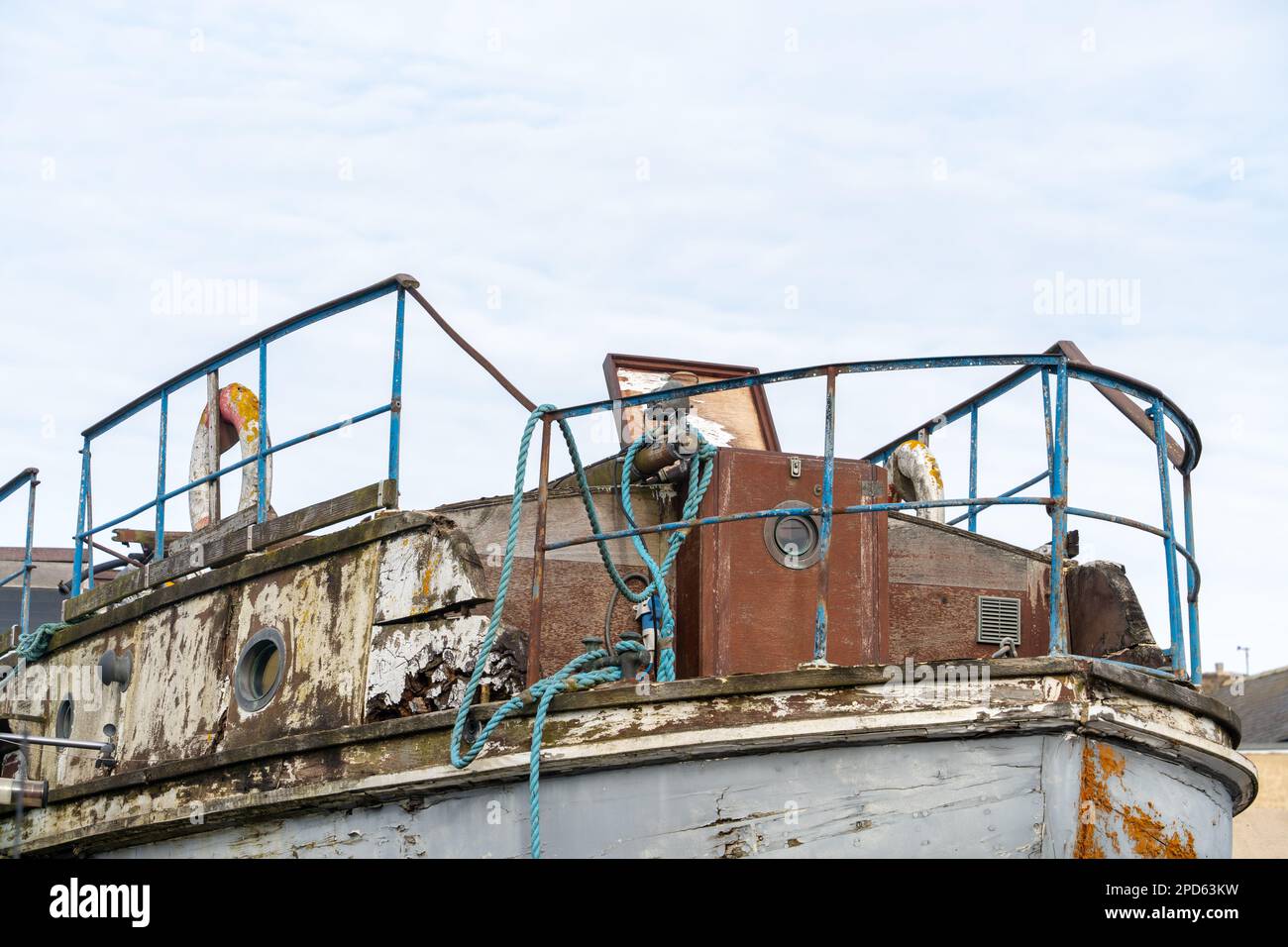 View of the deck of a rusty old boat with a winter sky background Stock ...