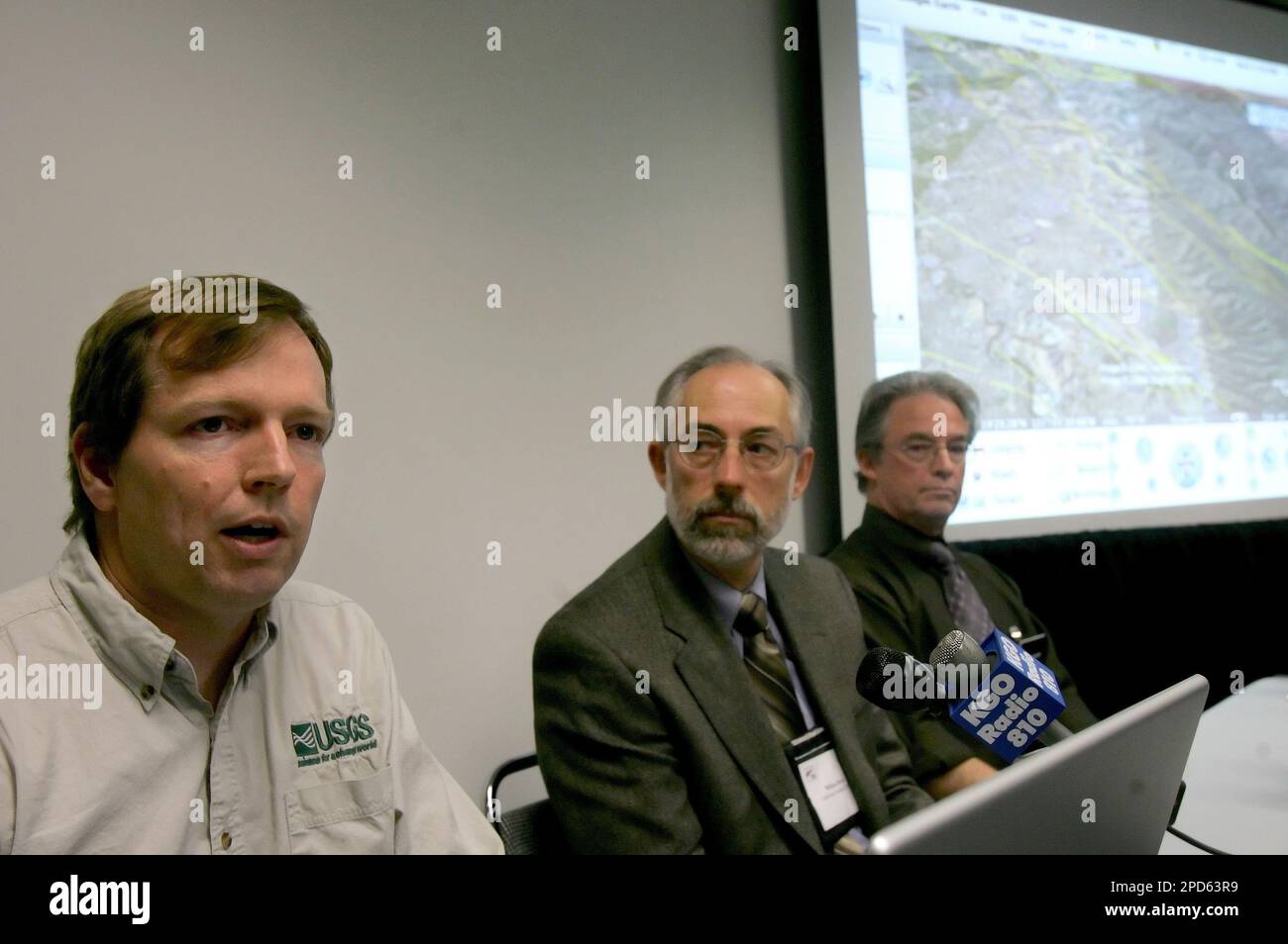 Russ Graymer, geologist for the U.S. Geological Survey, left, speaks ...