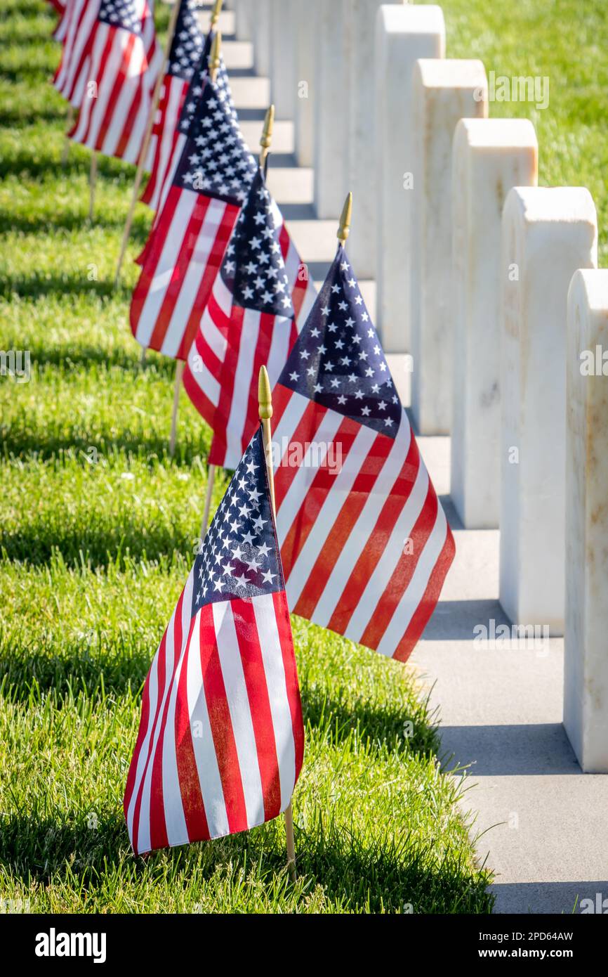 Military headstones honoring armed forces servicemen decorated with ...