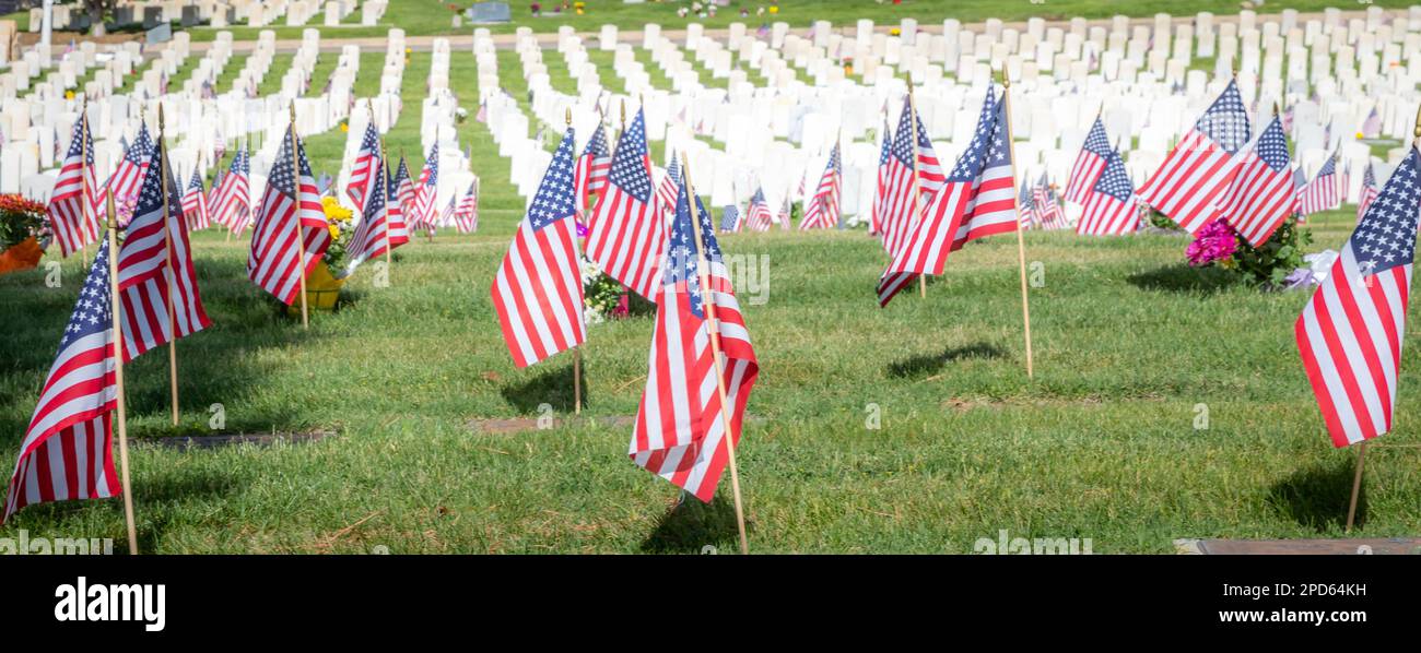 Military headstones honoring armed forces servicemen decorated with ...