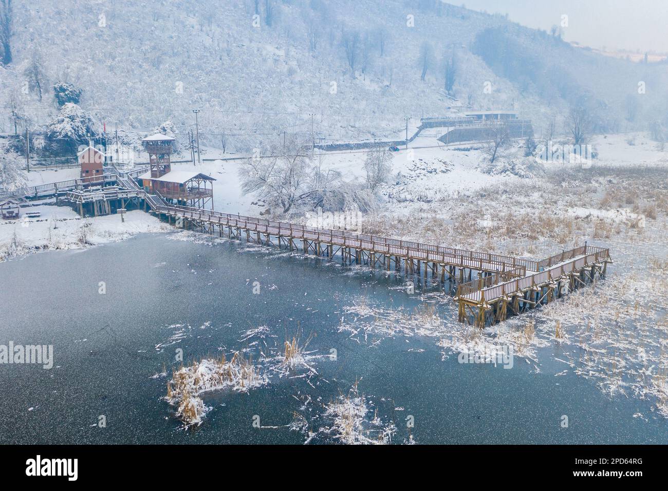 frozen lake and wooden pier aerial photo Stock Photo - Alamy