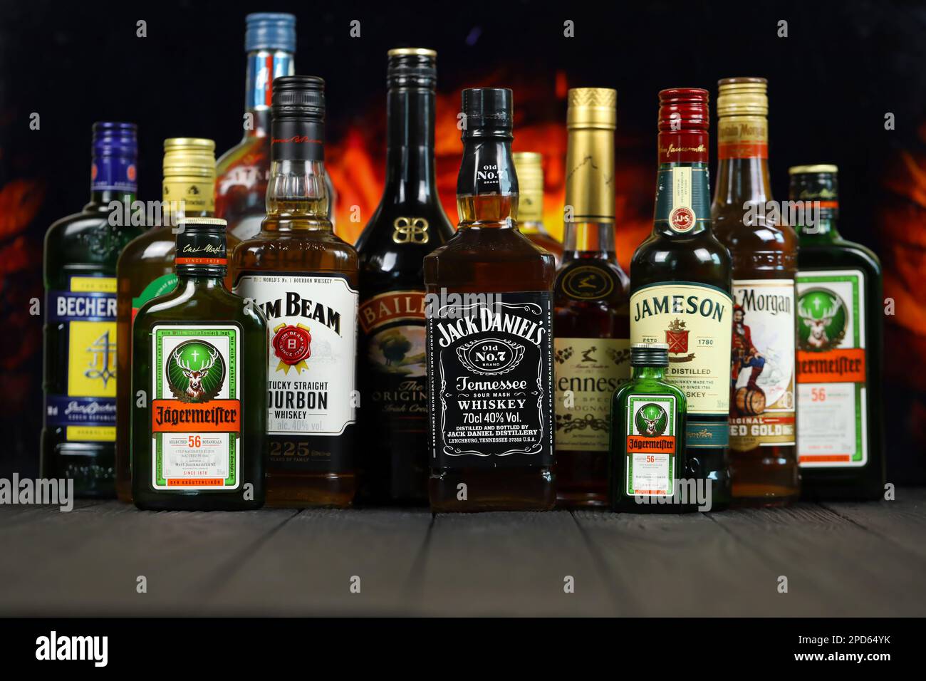 KYIV, UKRAINE - MAY 4, 2022 Many new bottles of worldwide popular ...