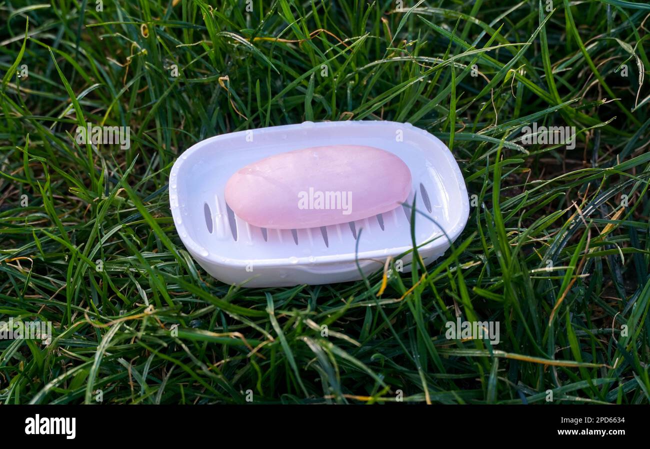 used soap in plastic dish ,health and personal hygiene concept Stock ...