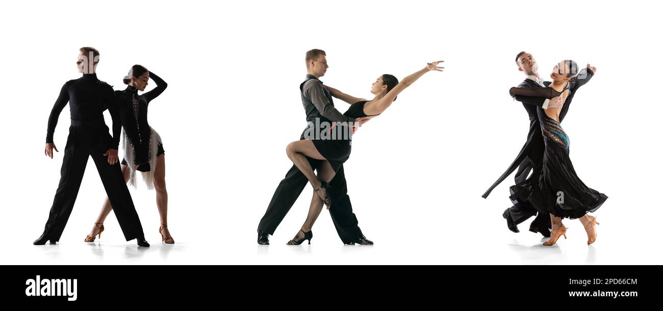 Collage. Stylish beautiful young people, men and women in black outfits dancing, performing ...