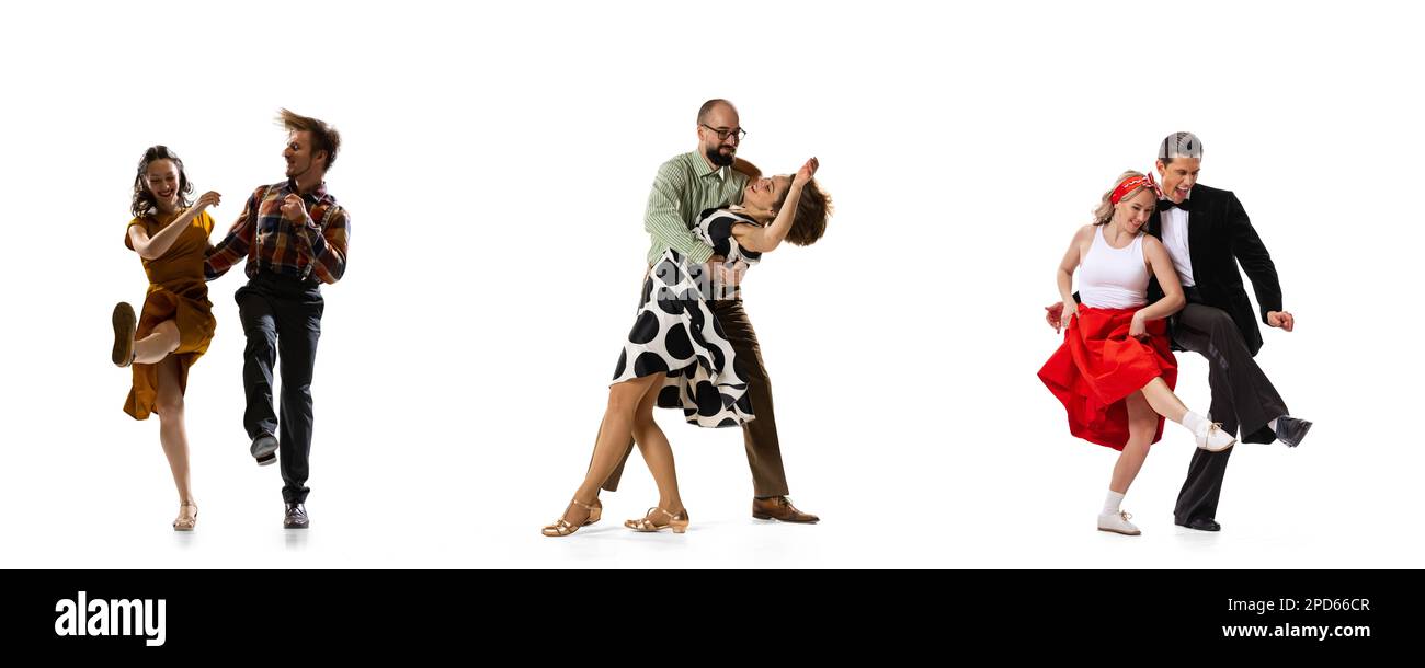 Collage. Three cheerful beautiful couples, men and women dancing retro ...