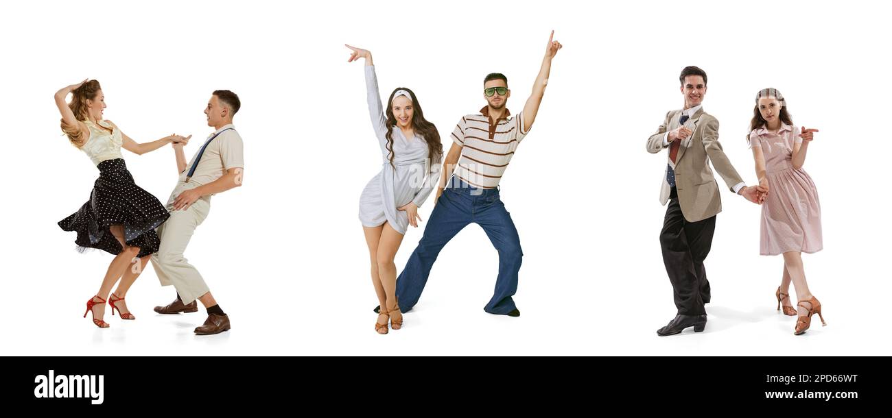 Collage. Young men and women in vintage retro style outfits dancing ...