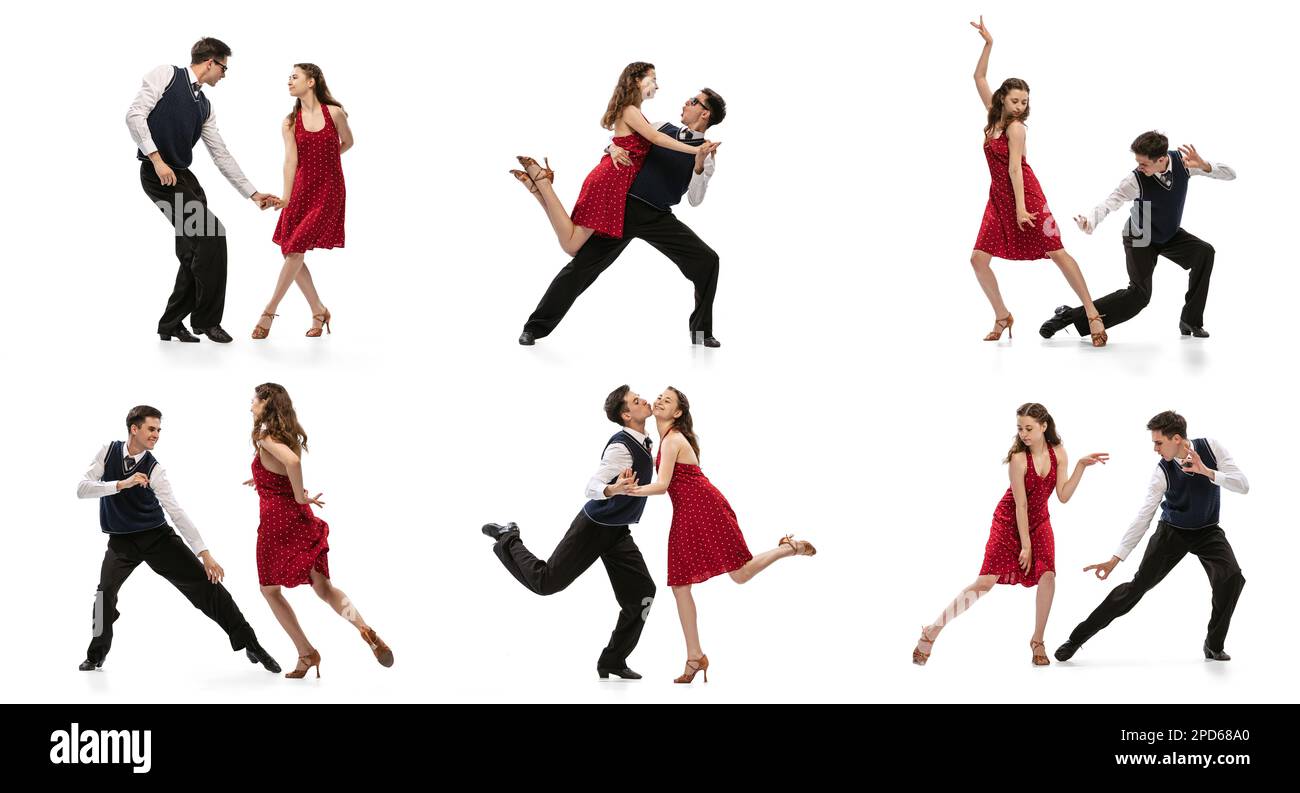 Collage. Beautiful girl and stylish man in vintage retro style outfits ...